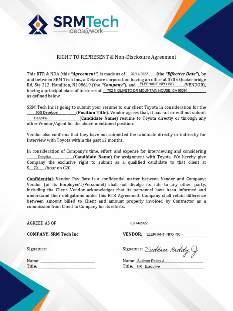 SRM Tech RTR & NDA | PDF | Non Disclosure Agreement | Business Law