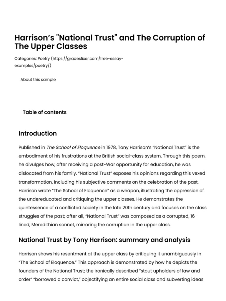 Harrison's - National Trust - and The Corruption of The Upper Classes - (Essay Example), 1250 ...