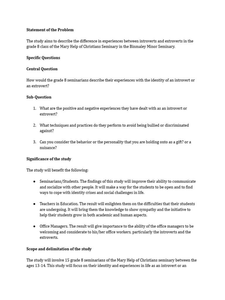Statement of The Problem | PDF | Extraversion And Introversion | Social ...