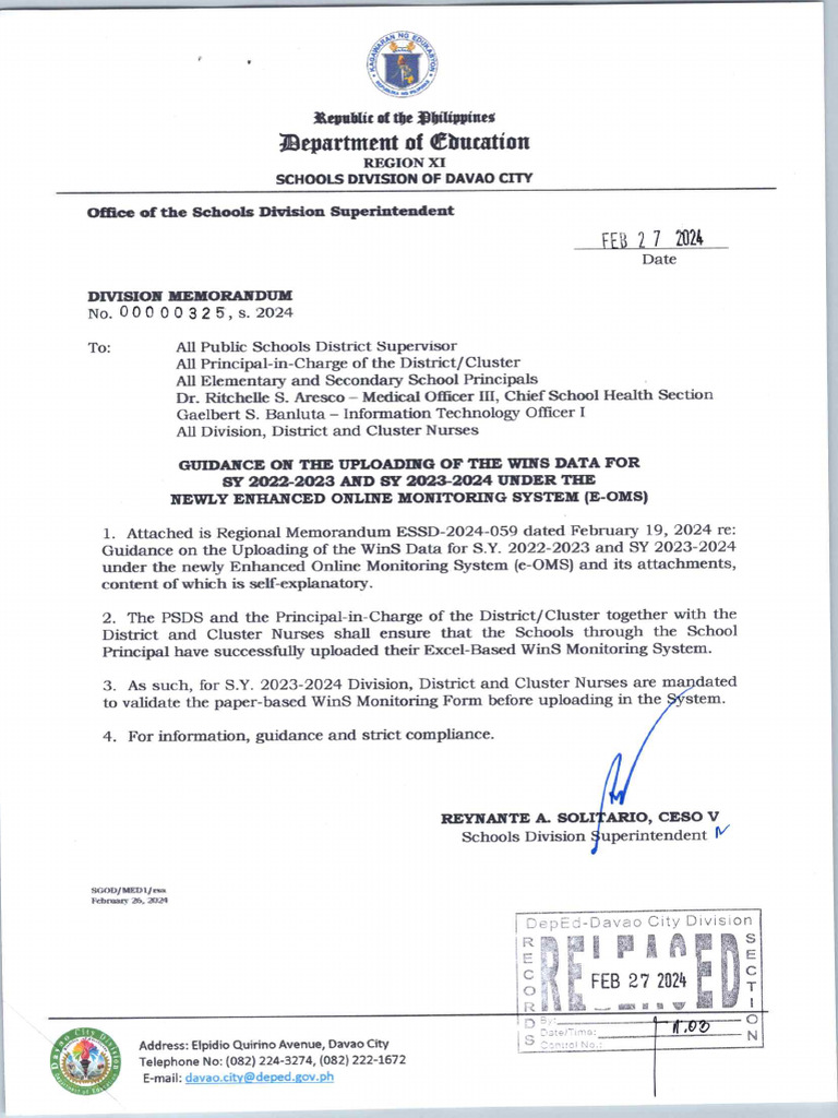 2024 DM No. 325 Guidance On The Uploading of The Wins Data For Sy 2022 ...