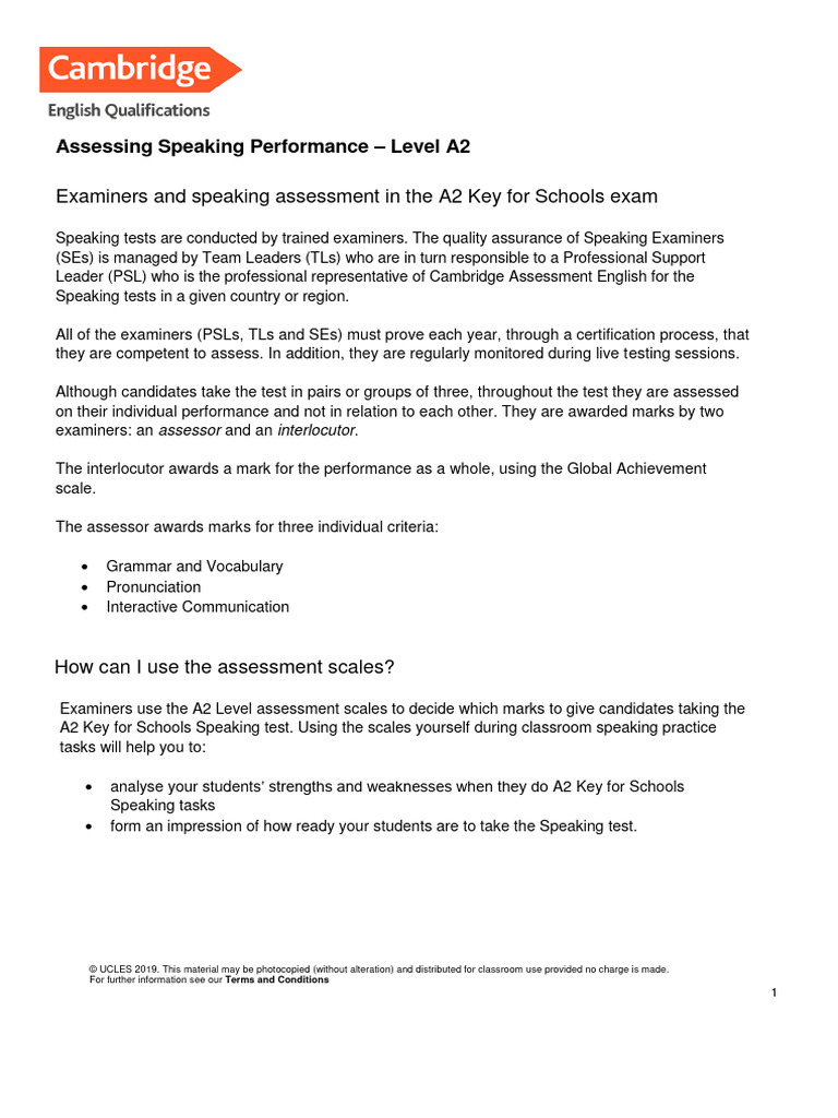 A2 Speaking Performance Assessment Guide | PDF