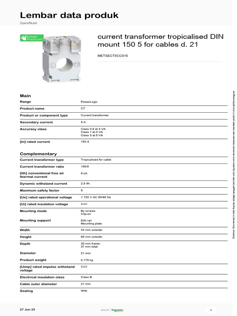 Current Transformer METSECT5CC015 Specs | PDF | Power (Physics ...