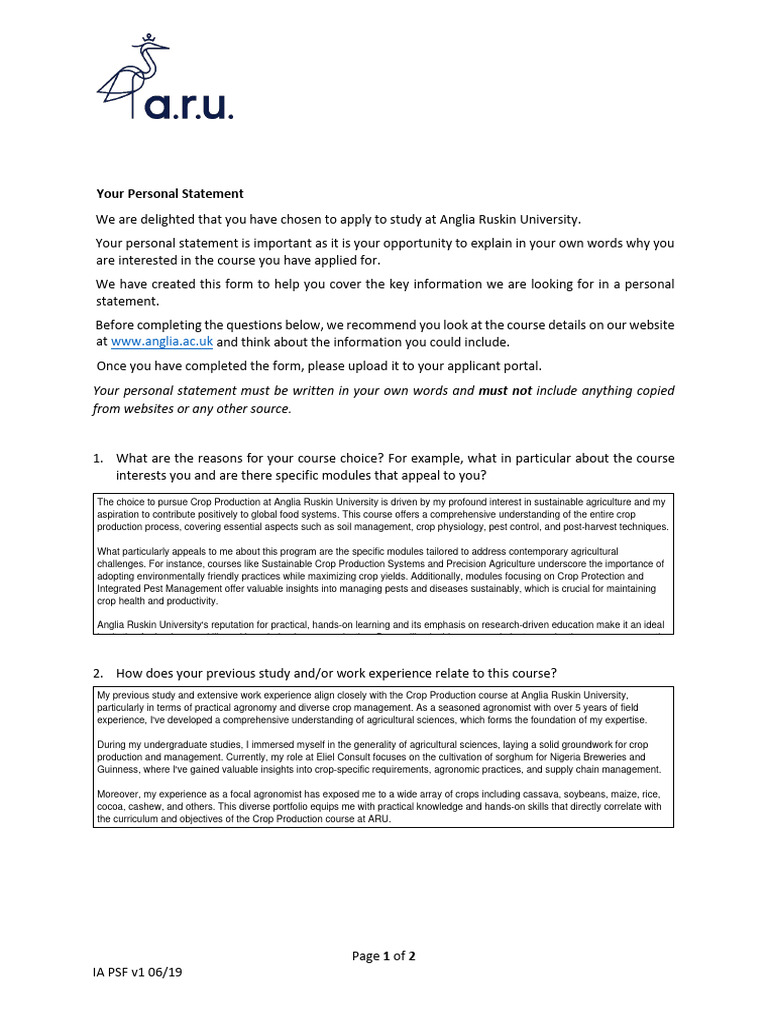 ARU Personal Statement of Purpose | PDF | Agriculture | Sustainable ...