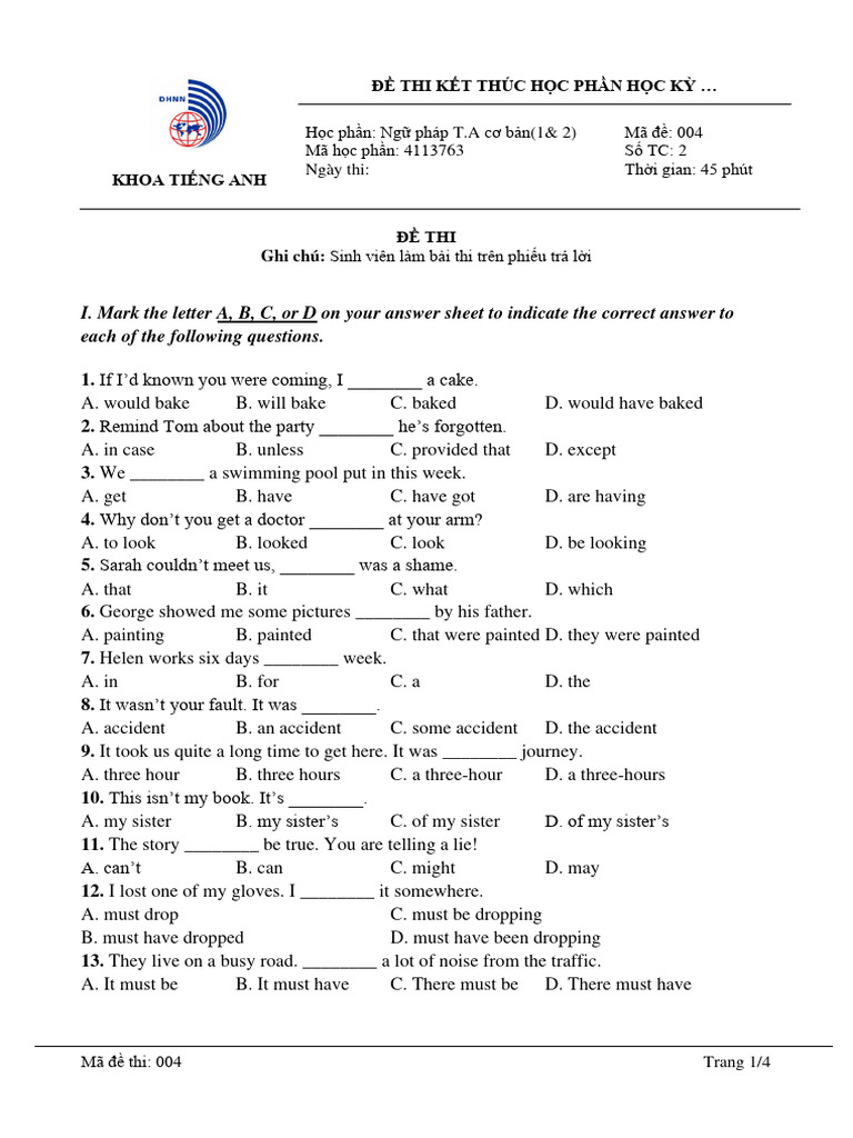 Sample Test Basic Grammar 12 | PDF