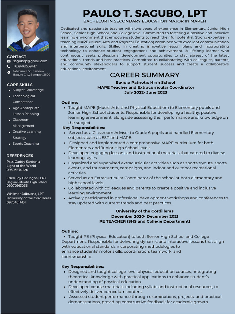 MAPEH Teacher Resume Overview | PDF | Physical Education | Curriculum