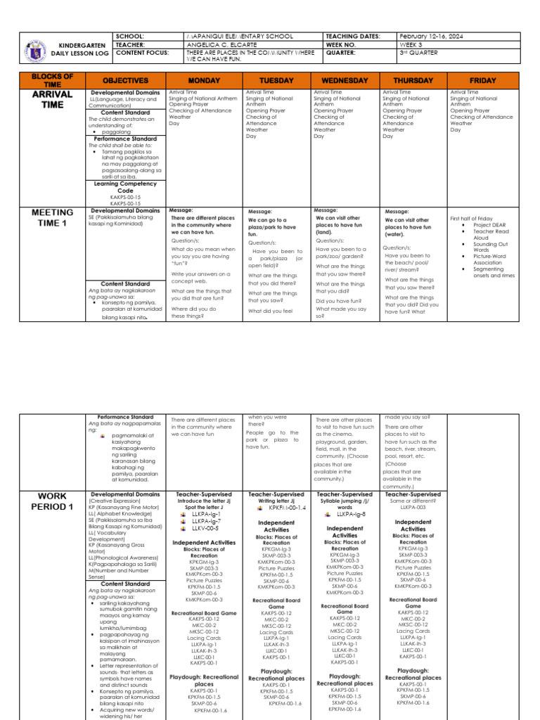 Kindergarten DLL 3rd Quarter Plan | PDF | Teachers | Human Communication