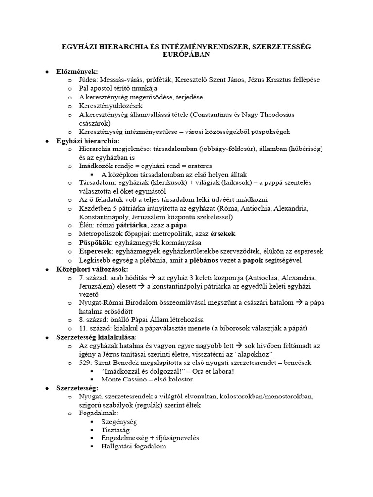 Egyházi Hierarchia És Intézményrendszer | PDF