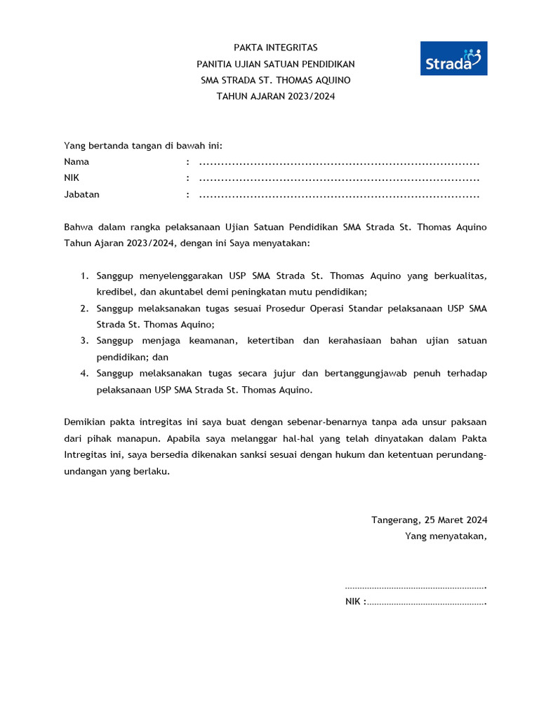 Pakta Integritas US | PDF