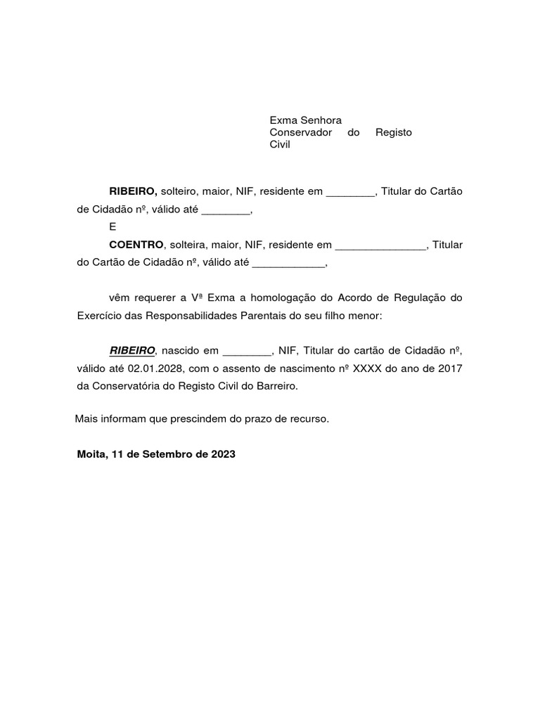 Minuta Acordo Sobre o Exercício Das Responsabilidades Parentais | PDF