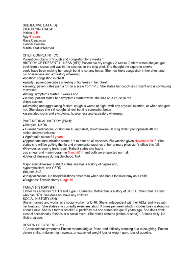 SOAP note 6 | PDF | Cough | Gastroesophageal Reflux Disease