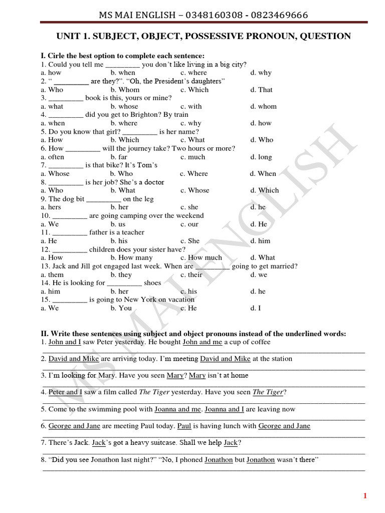 Unit 1. Subject, Object, Possessive Pronoun, Question: I. Cirle The ...