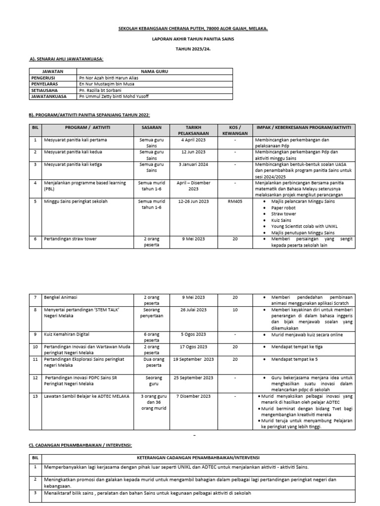 Laporan Akhir Tahun Panitia Sains 2023 | PDF