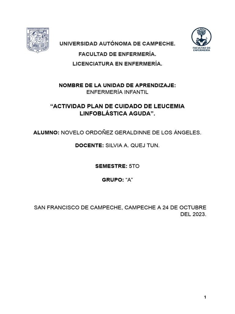 Plan de Cuidado en Leucemia Infantil | PDF | Analgésico | Medicamentos ...