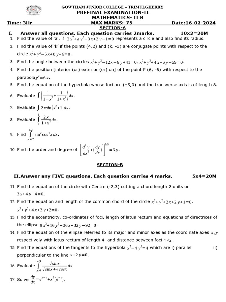 SR Mpc-Maths Ii B Prefinal Exam | PDF | Ellipse | Circle