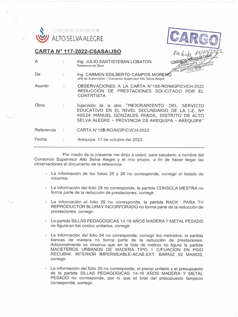 117 Carta N°117-2022-Csasa-Jso Observaciones A La Carta de Reduccion de Prestaciones Solictado ...