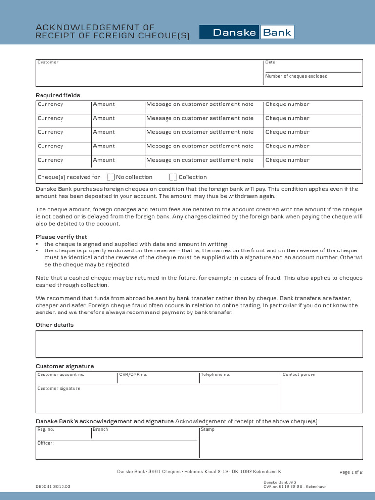 Acknowledgement of Receipt of Foreign Cheque | PDF | Cheque | Banks
