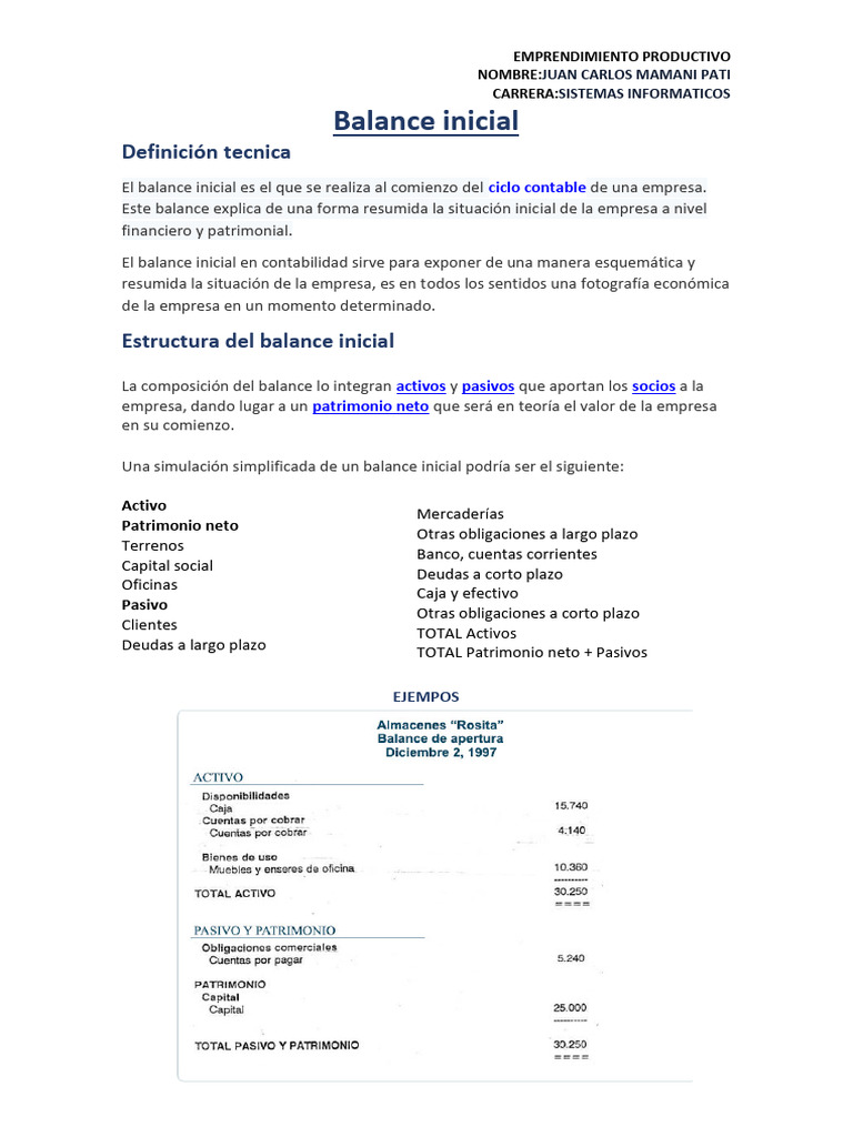 Balance Inicial | PDF | Hoja de balance | Contabilidad