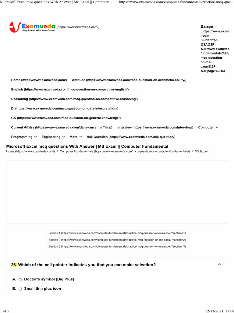 Microsoft Excel MCQ Questions With Answer - MS Excel - Computer Fundamental | PDF | Cursor (User ...