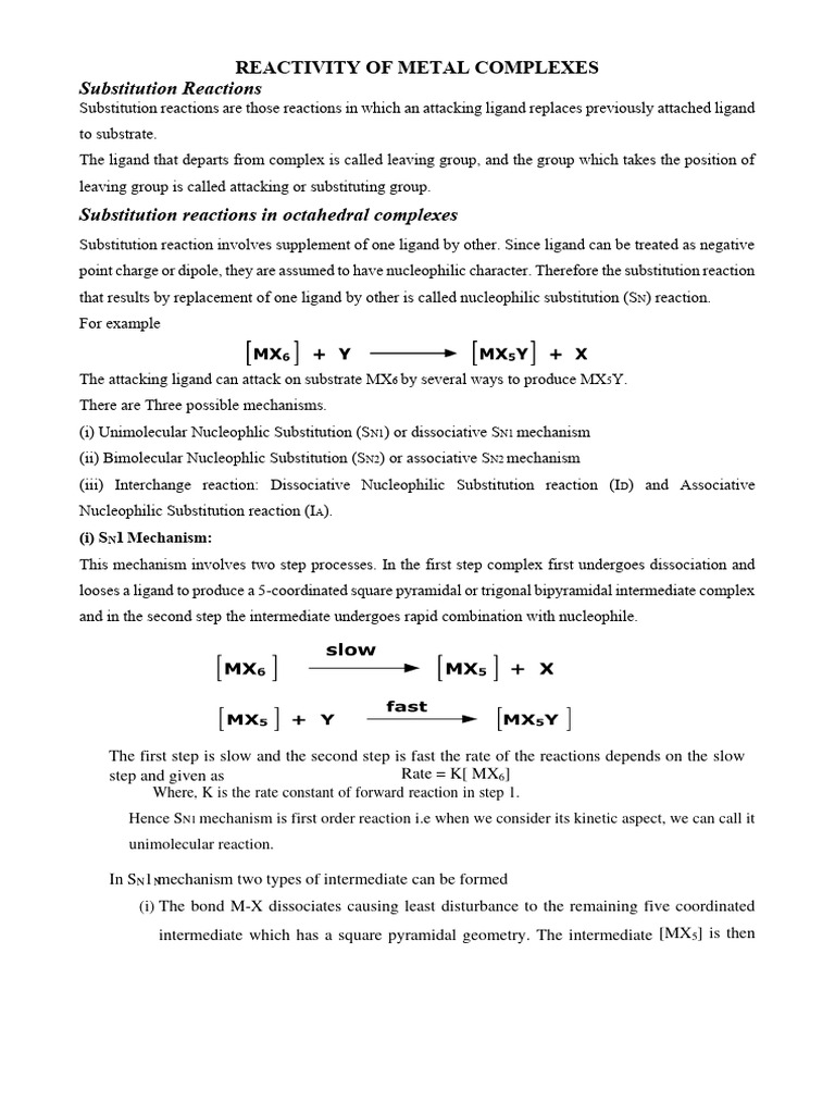 Reactivity of Metal Complexes Notes | PDF | Chemical Reactions ...