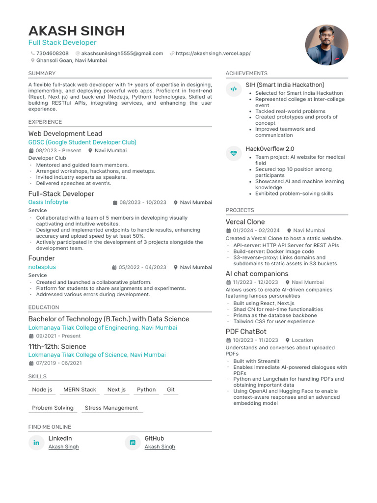 Akash Singh Resume Pdf Web Development Computing 3243