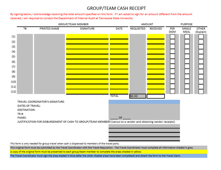 Editable Group & Team Cash Receipt Form | PDF
