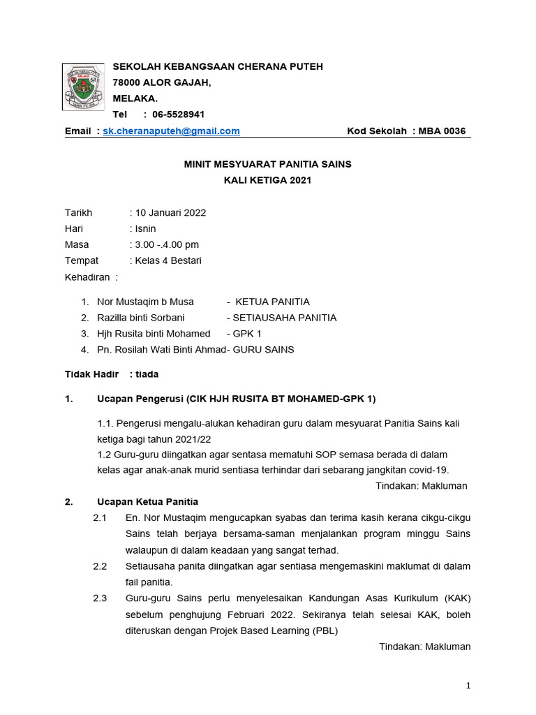 Minit Mesyuarat Panitia SAINS KALI KE3 2021 | PDF