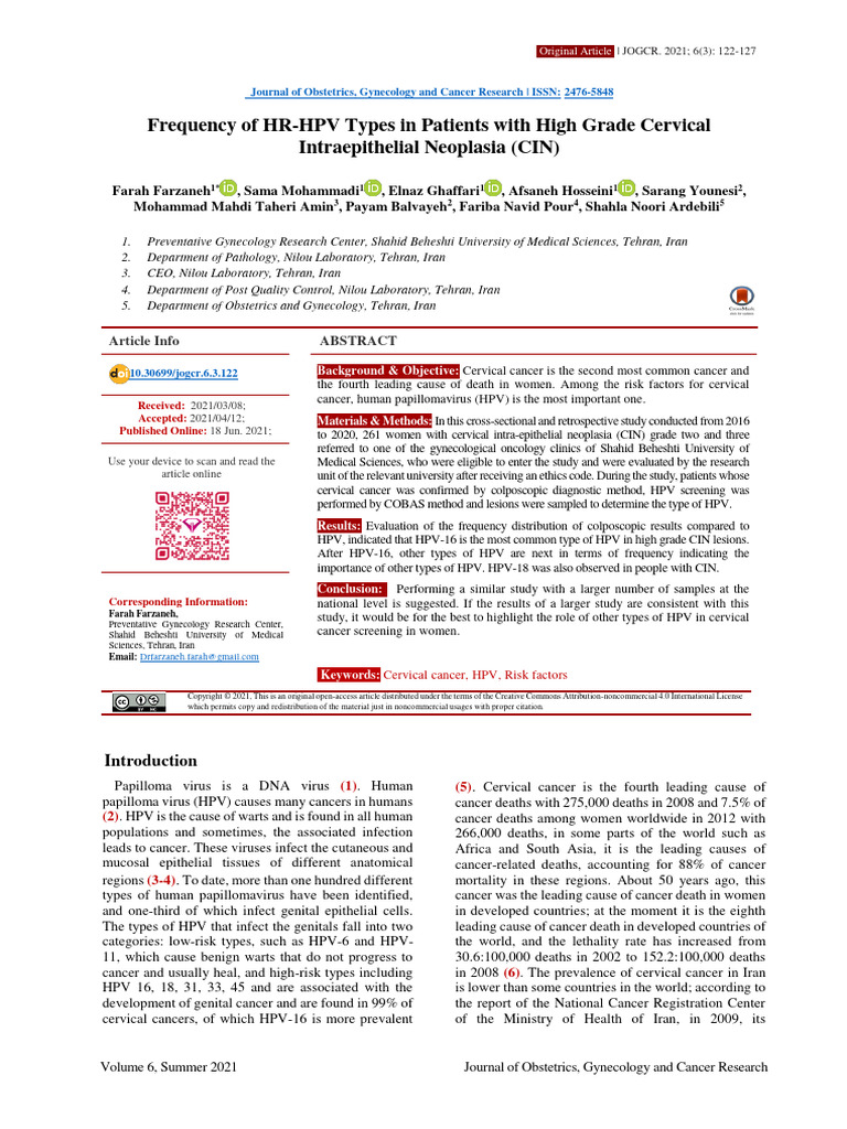 Frequency of HR-HPV Types in Patients With High Grade Cervical ...