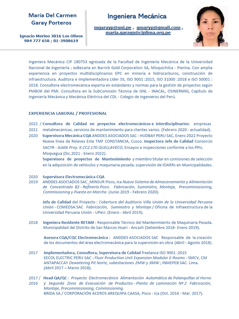CV - Garay Porteros Maria Del Carmen - Supervisor Mecanico | PDF | Ingeniería mecánica | Perú