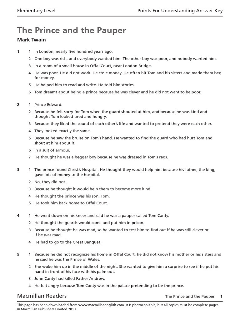 The Prince and The Pauper - Points For Understanding Answer Key | PDF ...
