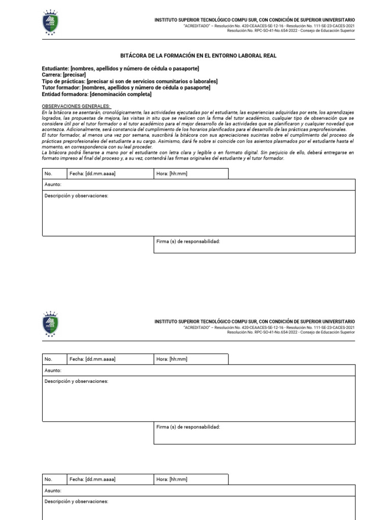 Modelo ITECSUR-PPR-005 (Bitácora) | PDF