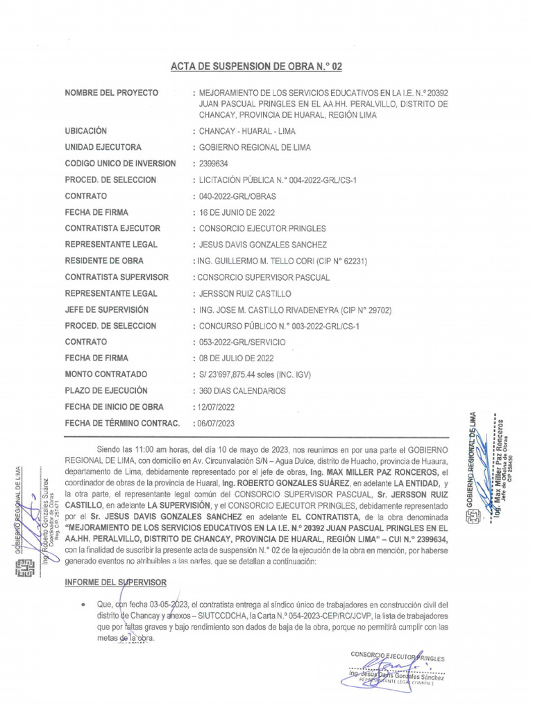 ACTA DE SUSPENSION DE OBRA N° 02 | PDF