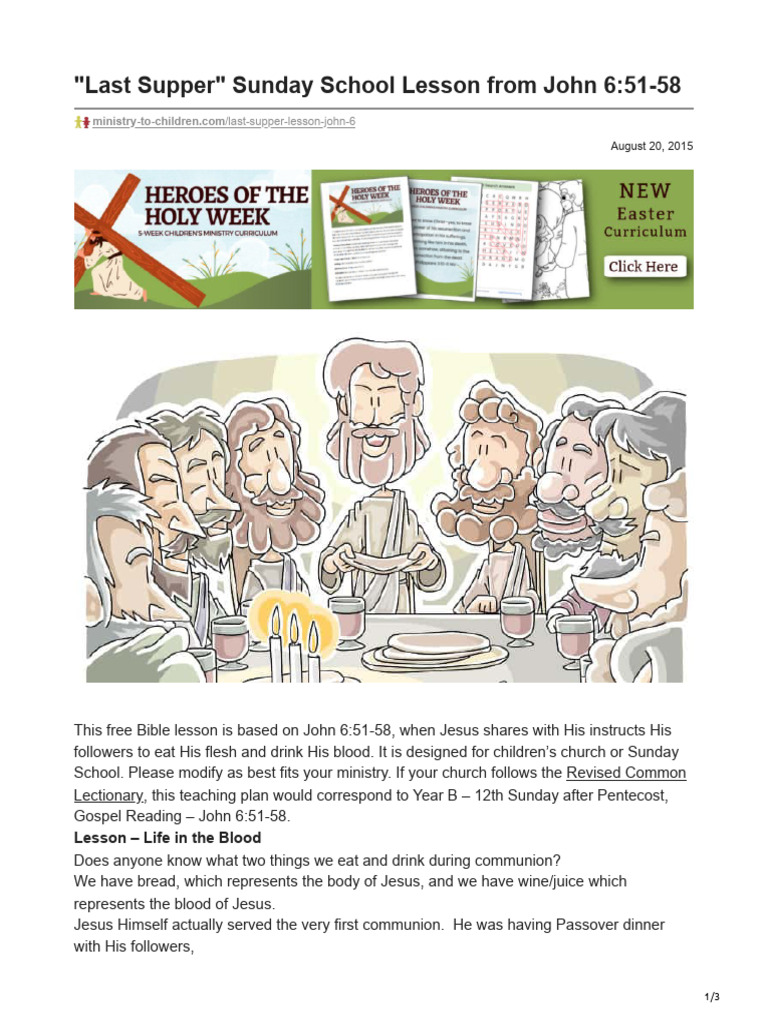 Last Supper Sunday School Lesson From John 651 58 | PDF | Last Supper ...