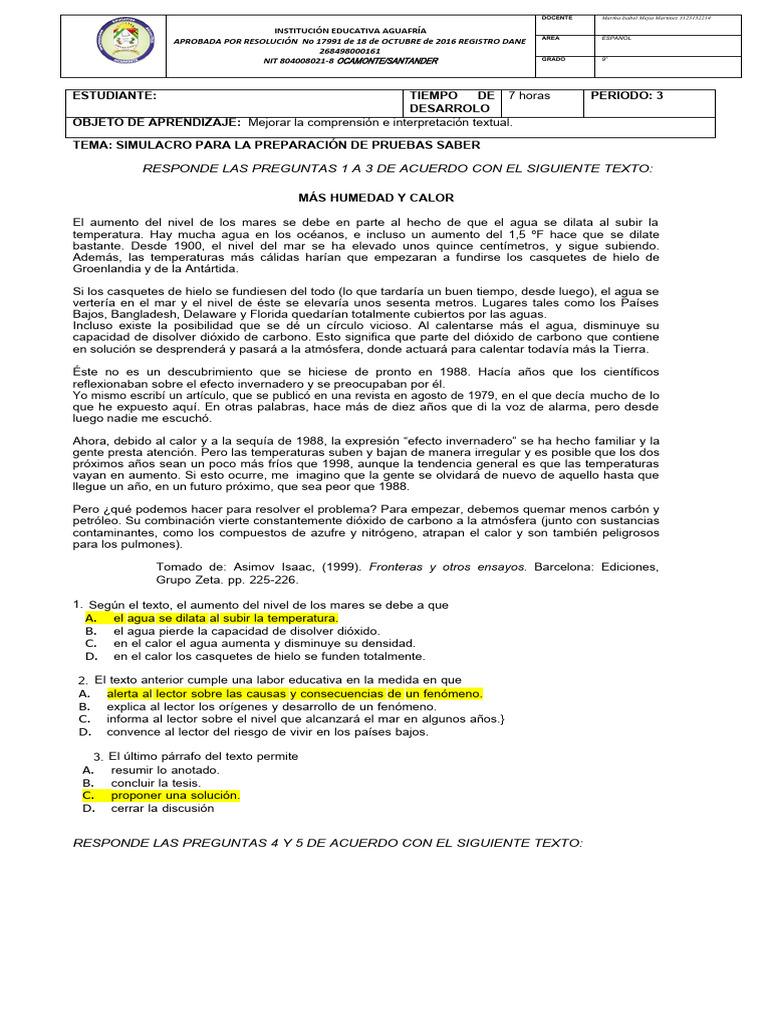 Español 9 SIMULACRO LENGUAJE | Descargar gratis PDF | Agua | Comunicación