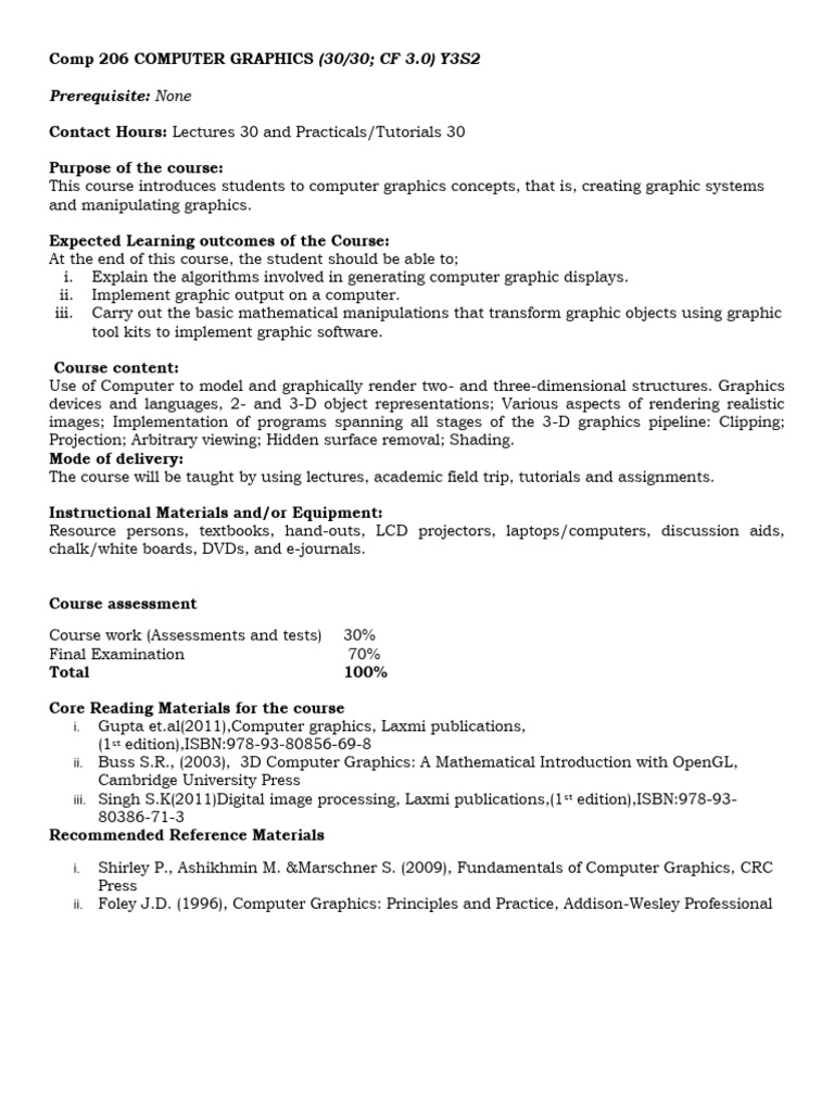 Comp 206 COMPUTER GRAPHICS Course Outline | PDF | Computer Graphics | 3 ... Comp 206 COMPUTER GRAPHICS Course Outline | PDF | Computer Graphics | 3 ...