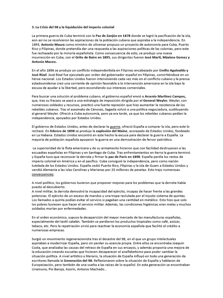 La Crisis Del 98 Y La Liquidación Del Imperio Colonial Pdf Cuba España