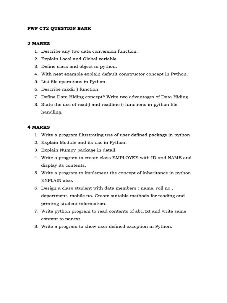 PWP CT2 Question Bank | PDF