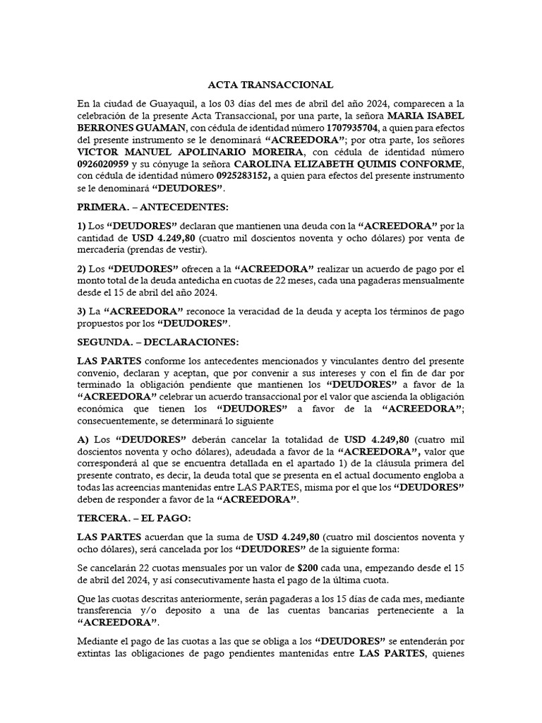 Acta Transaccional - Maria Isabel Berrones Guaman | PDF | Pagos