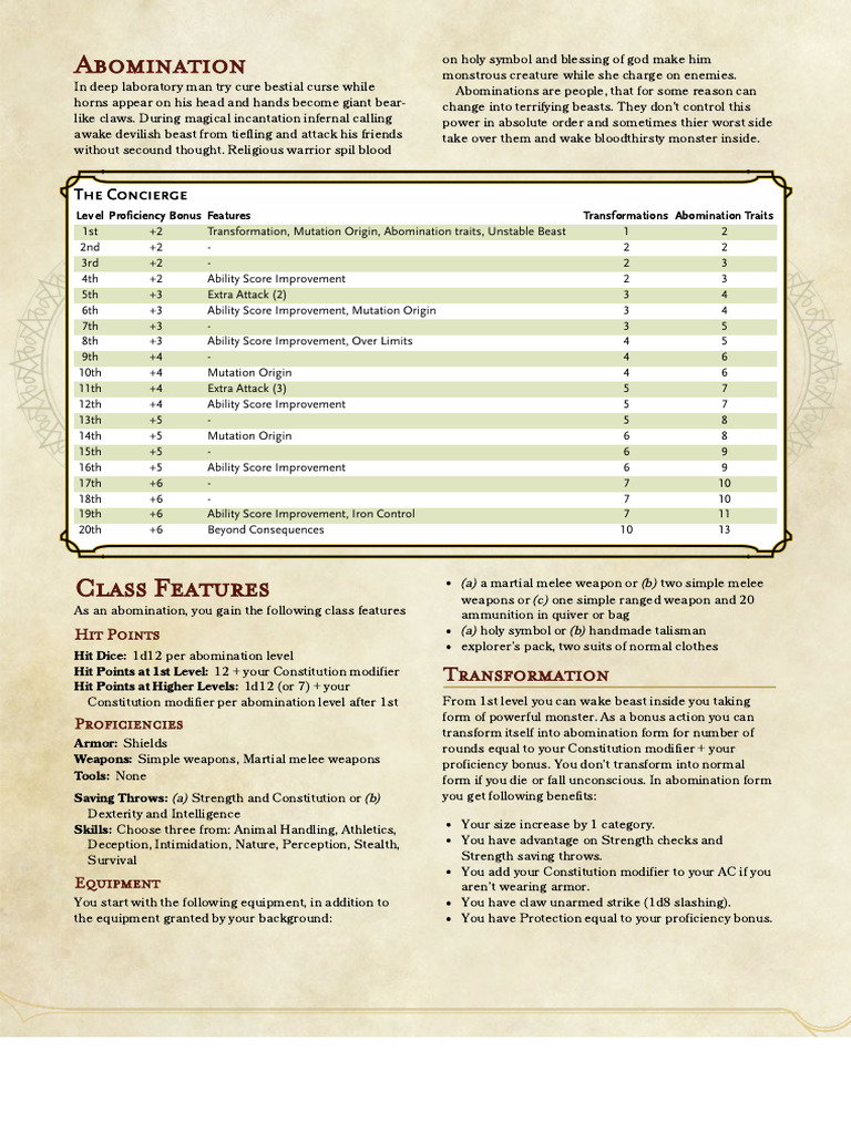 Abomination Class Features Guide | PDF