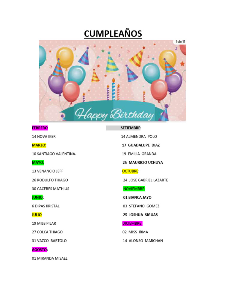 Fechas de Cumpleaños Mensuales | PDF