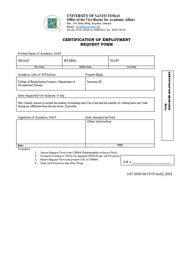 Employment Certification Request Form | PDF