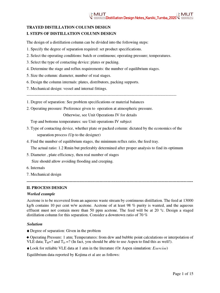 Distillation Column Design Notes | PDF | Distillation | Chemical ...