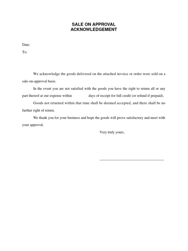 Sale on Approval Acknowledgement Form | PDF