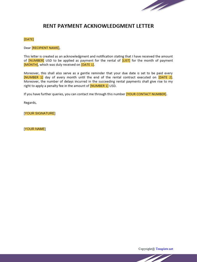 Rent Payment Acknowledgment Letter | PDF