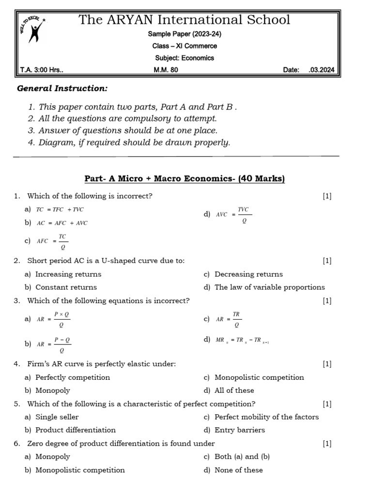 Class 11 Economics Sample Paper 2023-24 | PDF | Demand | Elasticity ...