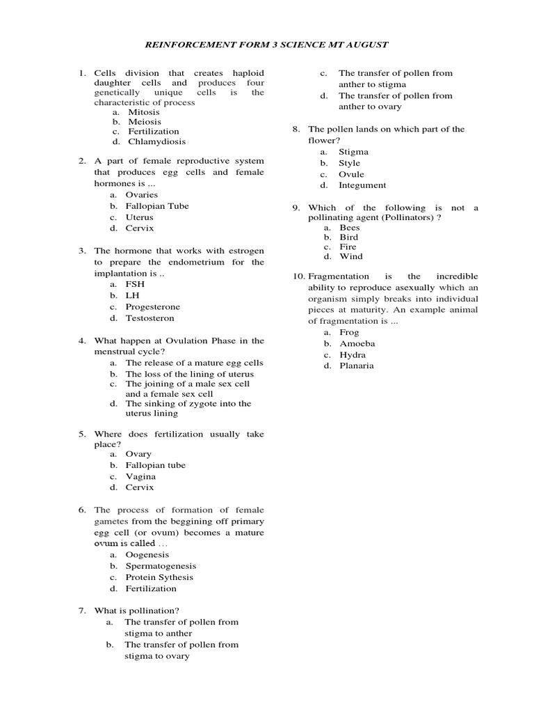 Reinforcement Form 3 Science MT August | PDF | Reproductive System ...