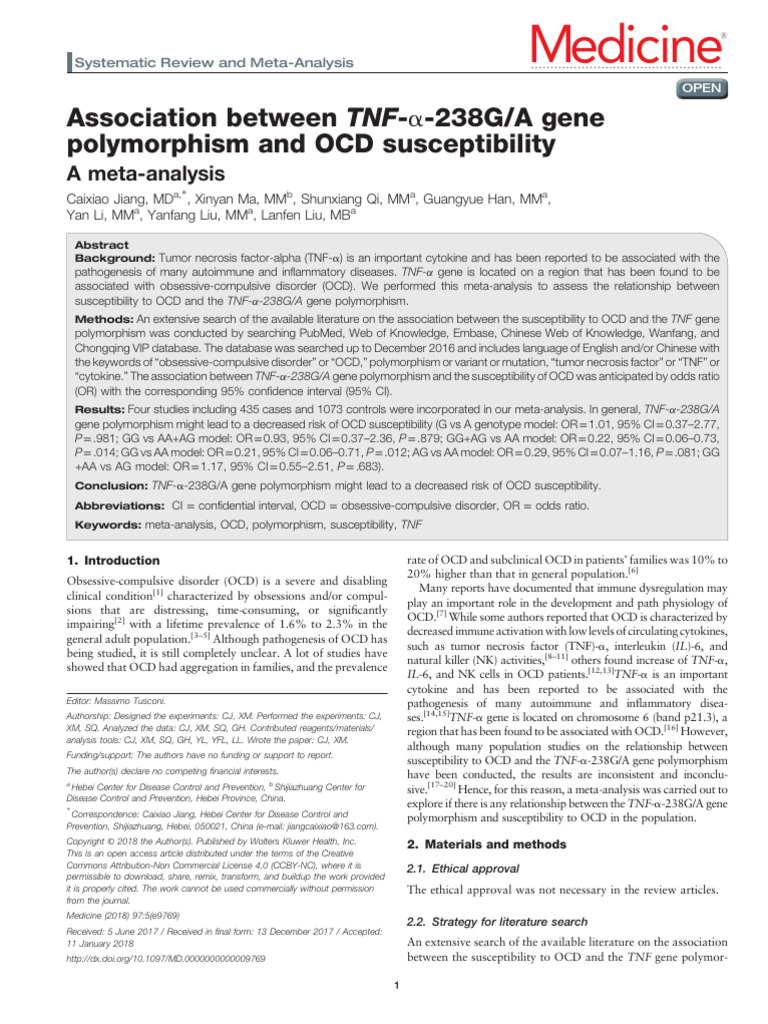 57- Association between TNF-α-238G-A gene polymorphism and OCD susceptibility | PDF | Obsessive ...