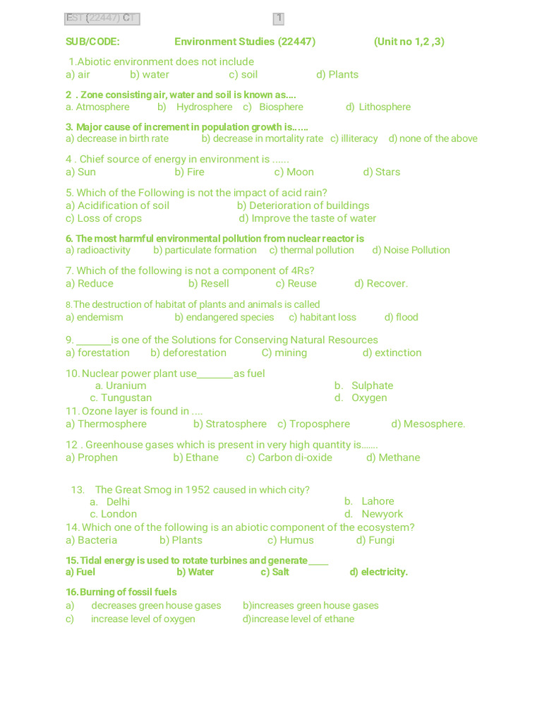EVS CT 1 Question For Students | PDF | Biodiversity | Ecosystem
