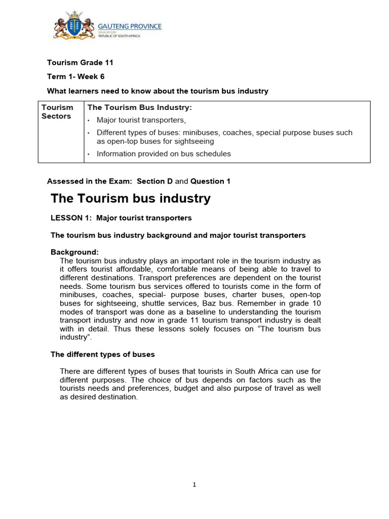 Tourism Grade 11 Term 1 Week 6 Bus Industry | PDF | Bus | Tourism