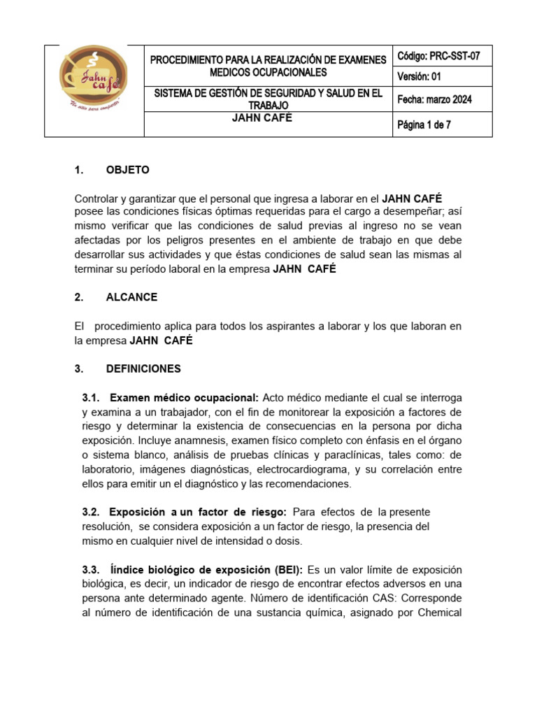 PRC-SST-07 Procedimiento para La Realización de Examenes Medicos ... PRC-SST-07 Procedimiento para La Realización de Examenes Medicos ...