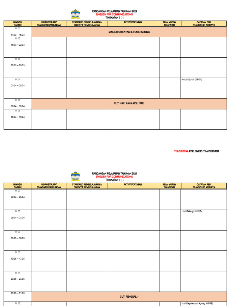 Template RPT 2024 | PDF | Sains & Matematika